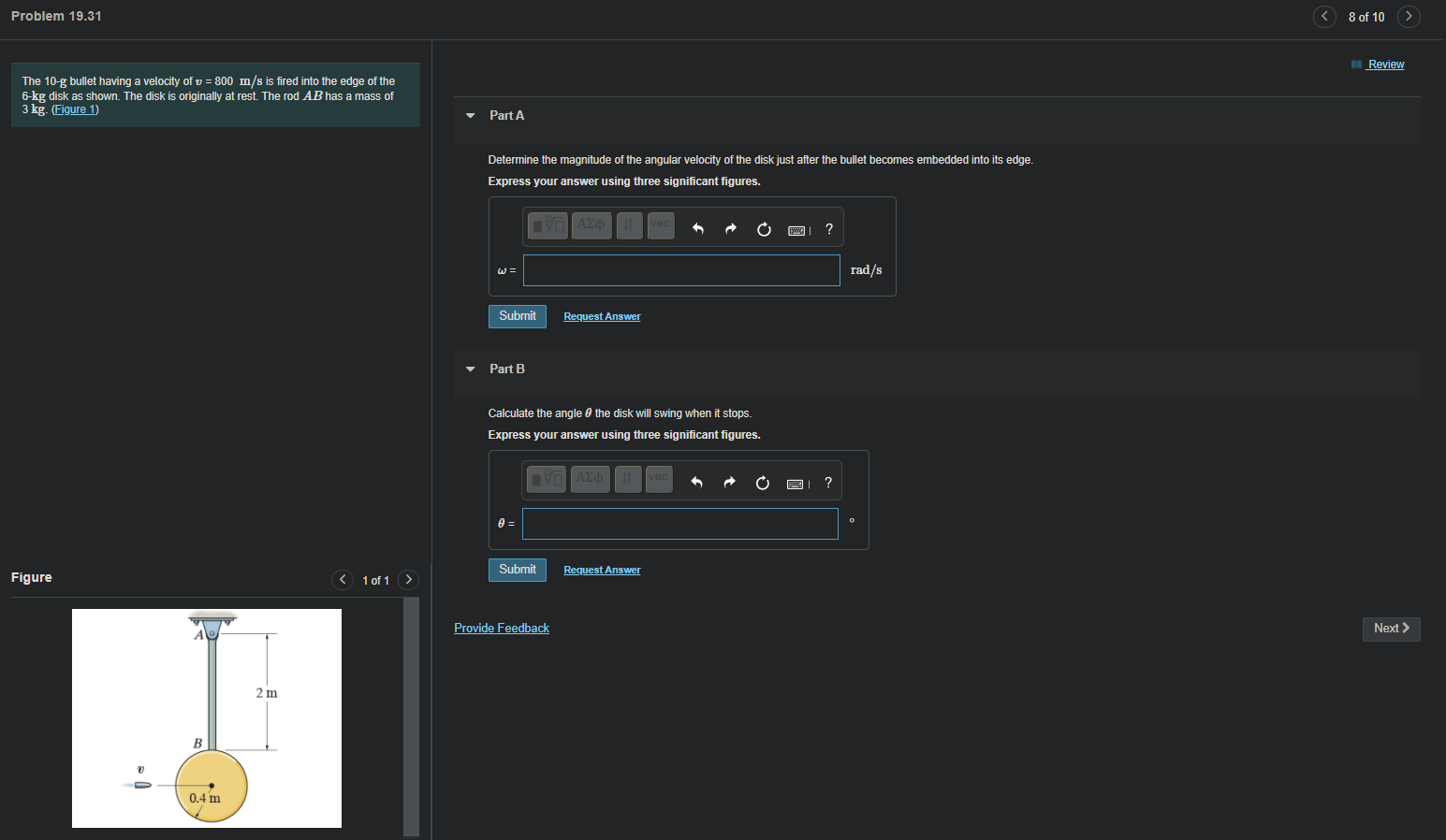 Solved Problem 19.31 8 of 10 Review The 10-g bullet having a | Chegg.com