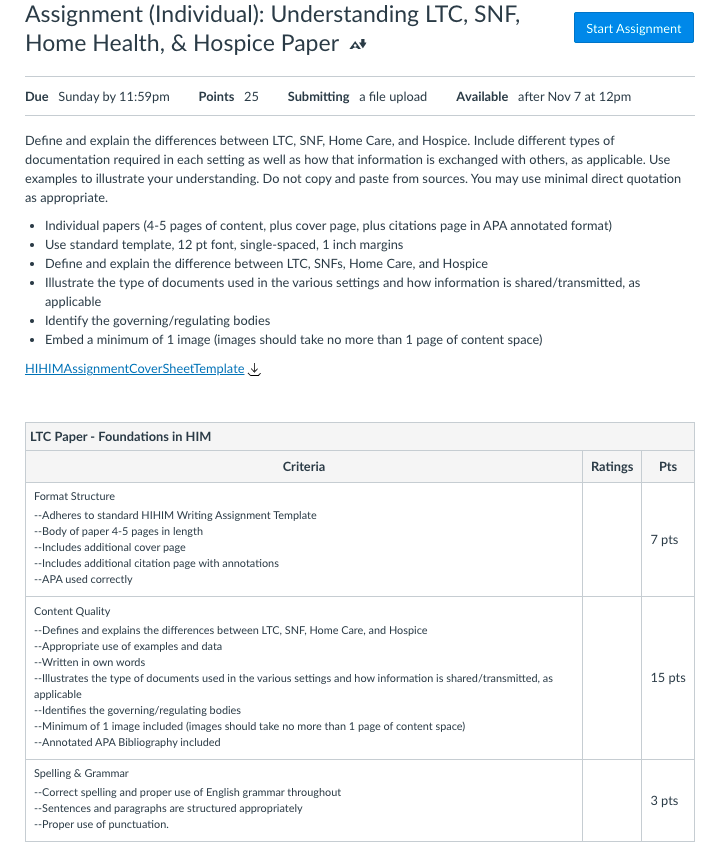 Understanding LTC, SNF, Home Health, & Hospice Paper | Chegg.com