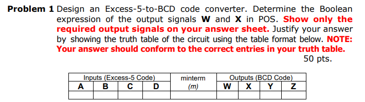 Solved Problem 1 Design an Excess-5-to-BCD code converter. | Chegg.com