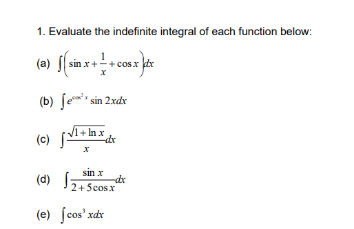 Solved 1. Evaluate the indefinite integral of each function | Chegg.com