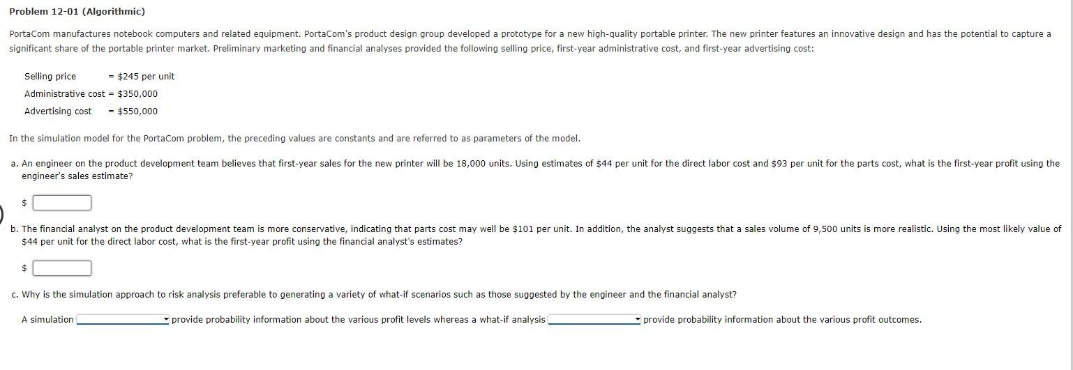 Solved Problem 12-01 (Algorithmic) PortaCom manufactures | Chegg.com