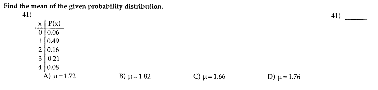 Solved Find the mean of the given probability distribution. | Chegg.com