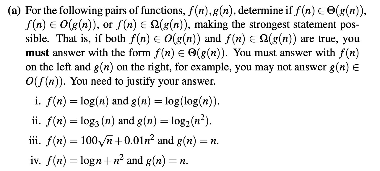 Solved For the following pairs of functions, f(n),g(n), | Chegg.com