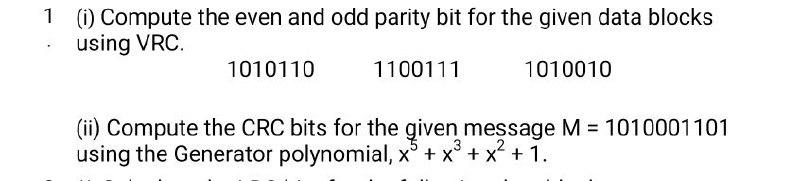 Solved 1 (1) Compute the even and odd parity bit for the | Chegg.com