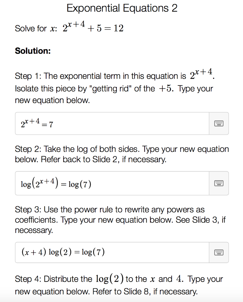 Solved Exponential Equations 2 Solve for x: 2x+4 +5 = 12 | Chegg.com
