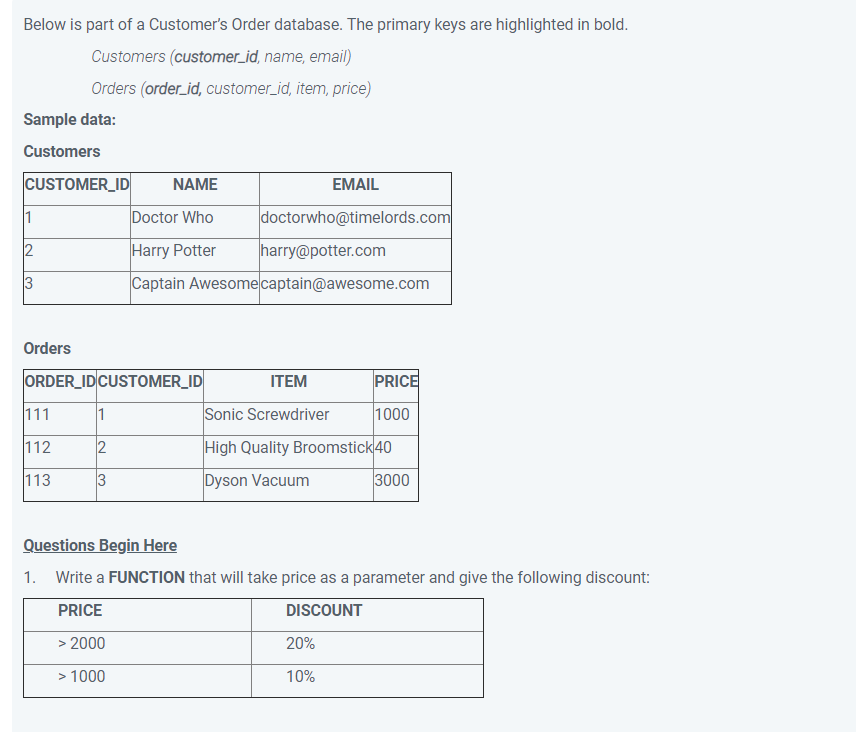 Solved Below is part of a Customer's Order database. The | Chegg.com