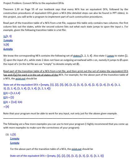 Solved Project Problem: Convert NFAs to the equivalent DFAS | Chegg.com