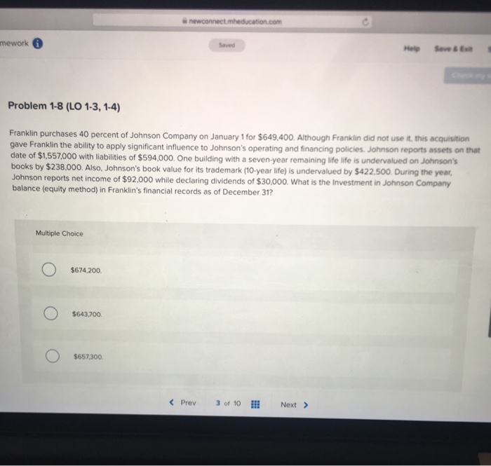 Solved mework Saved Help Save &Exit Problem 1-8 (LO 1-3, | Chegg.com Solved mework Saved Help Save &Exit Problem 1-8 (LO 1-3, | Chegg.com