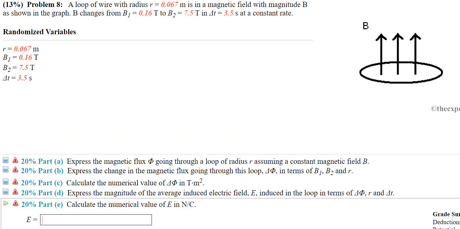 Solved (13%) Problem 8: A loop of wire with radius r = 0.067 | Chegg.com