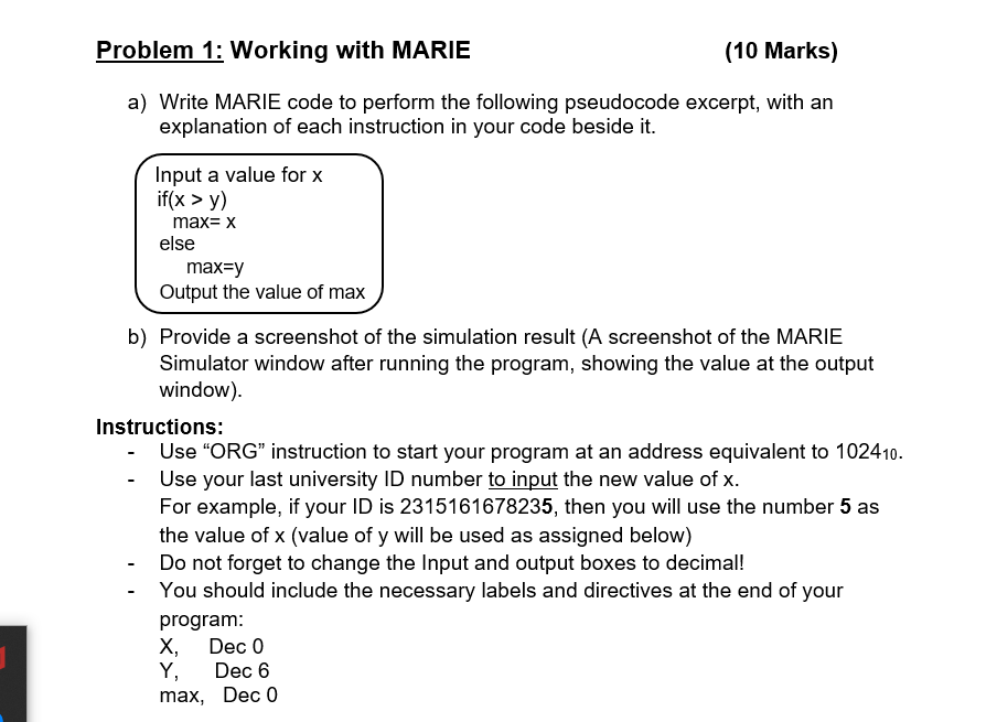 Solved Problem 1: Working with MARIE (10 Marks) a) Write | Chegg.com