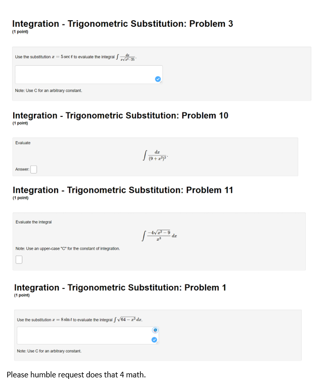 Solved Integration - Trigonometric Substitution: Problem 3 | Chegg.com