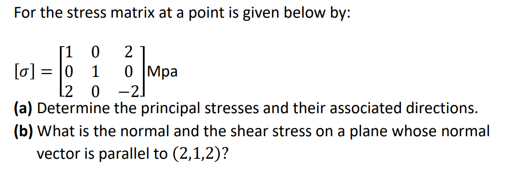 Solved For the stress matrix at a point is given below by: | Chegg.com
