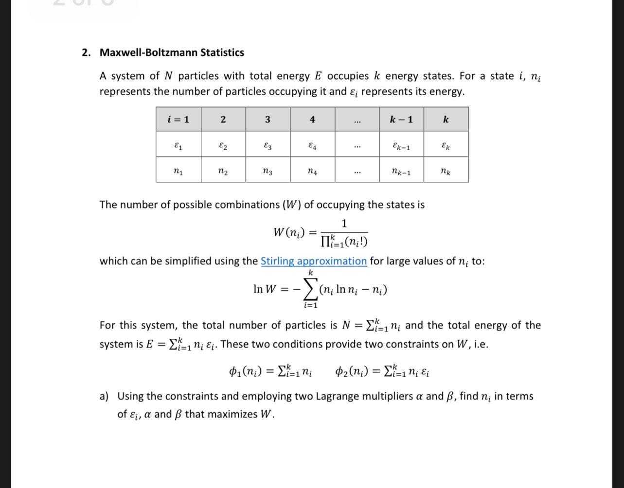 Solved 2. Maxwell-Boltzmann Statistics A system of N | Chegg.com