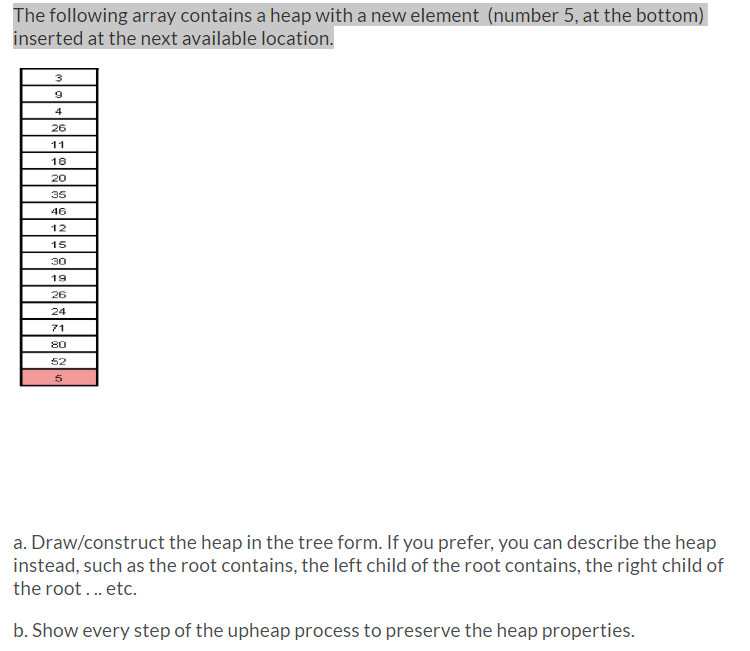 Solved The following array contains a heap with a new | Chegg.com