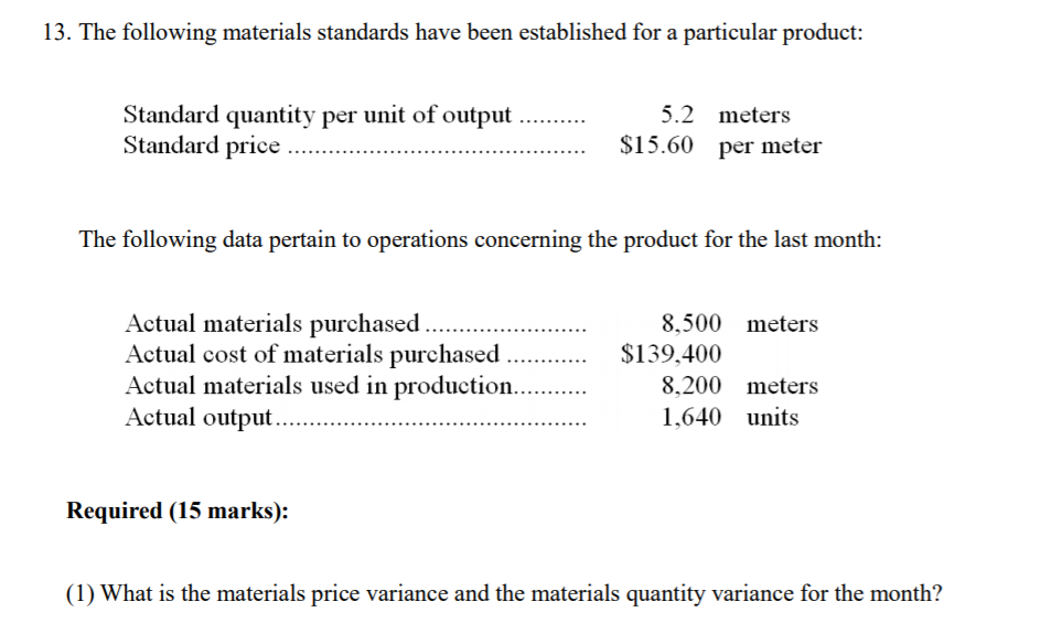 Solved 13. The following materials standards have been | Chegg.com