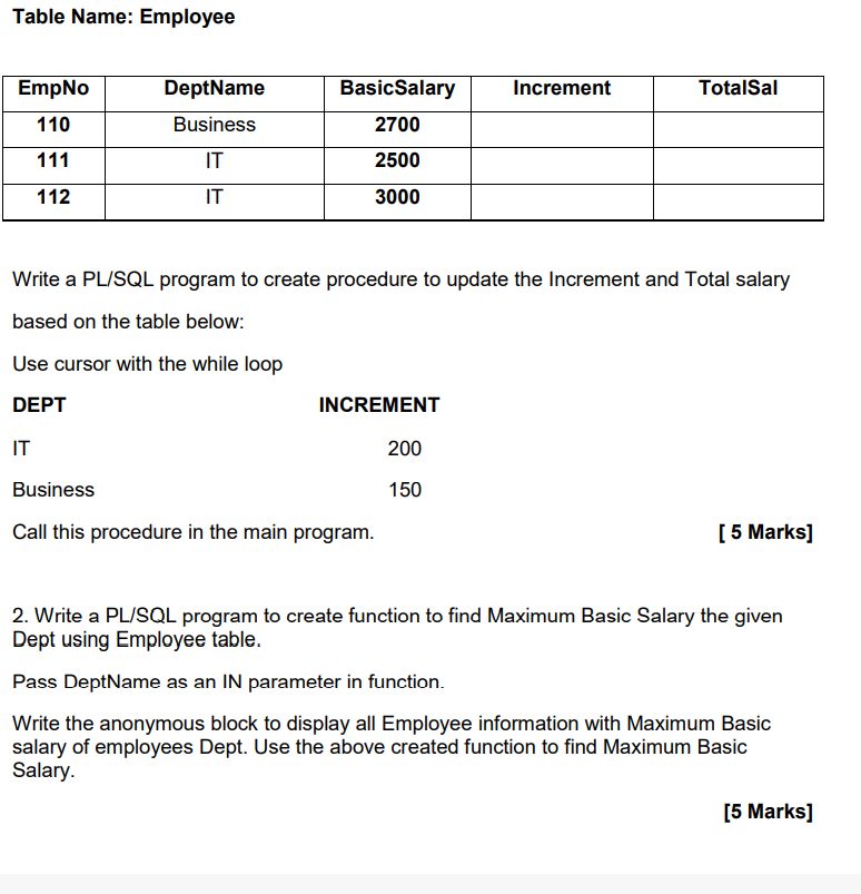 Solved Table Name: Employee EmpNo Basic Salary Increment | Chegg.com