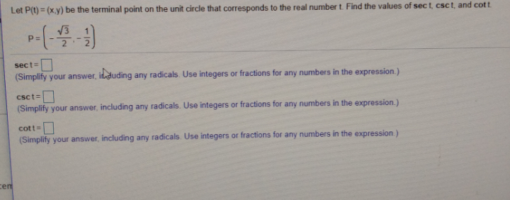Solved Let P(t) = (x,y) be the terminal point on the unit | Chegg.com