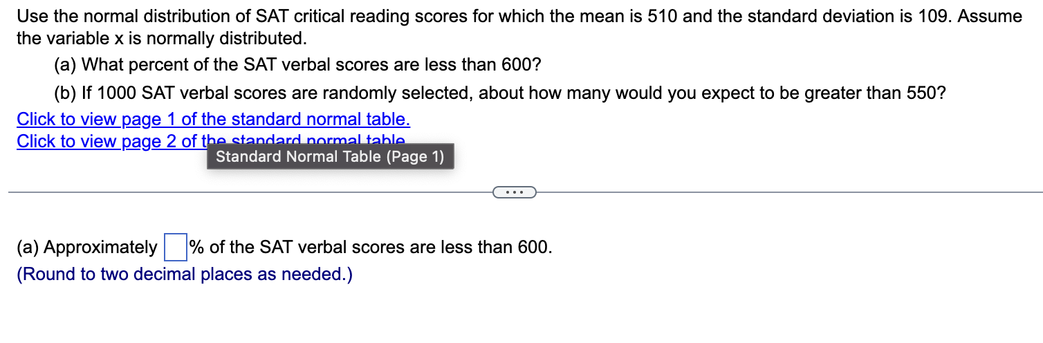 Solved Use the normal distribution of SAT critical reading | Chegg.com