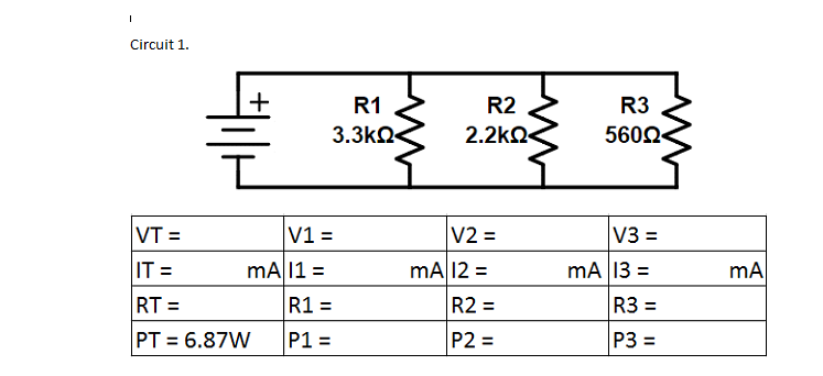 Solved 1 Circuit 1. R1 3.3k R2 2.2k R3 5602 VT = V1 = V3 = | Chegg.com
