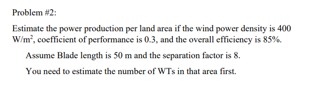 Solved Problem \#2: Estimate the power production per land | Chegg.com