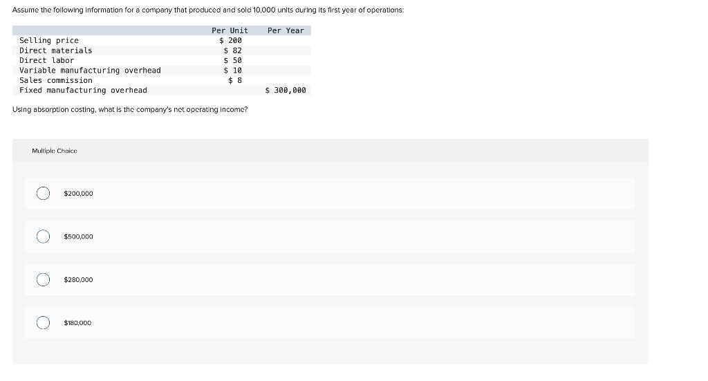 Solved Using absorption costing, what is the company's net | Chegg.com