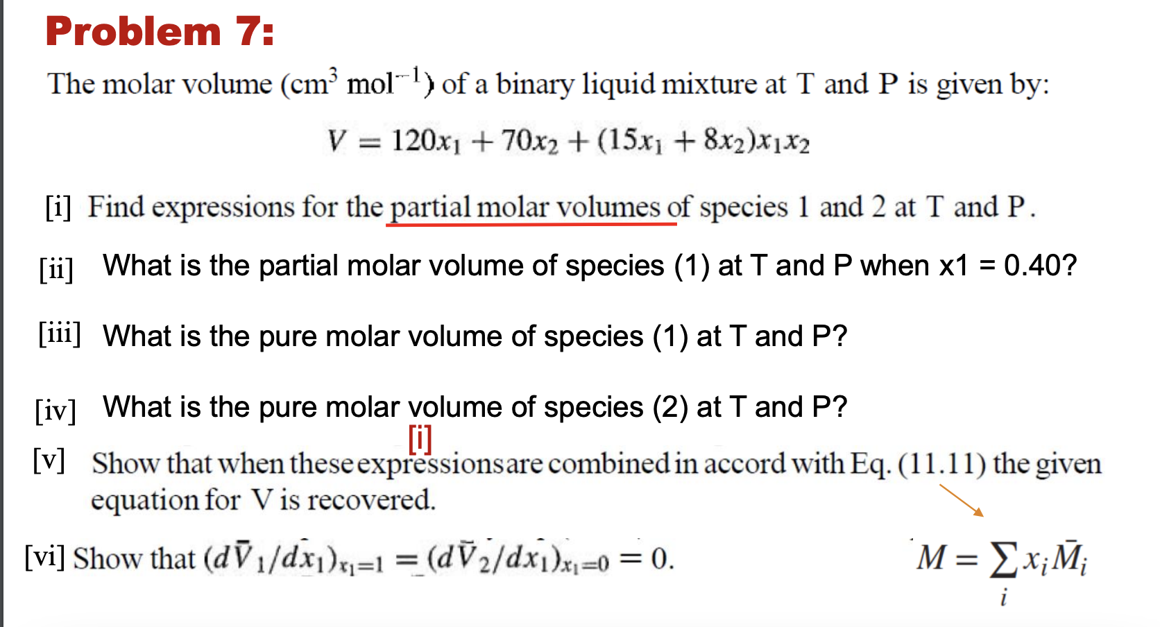 Solved Problem 7: The molar volume (cmmol" l) of a binary | Chegg.com