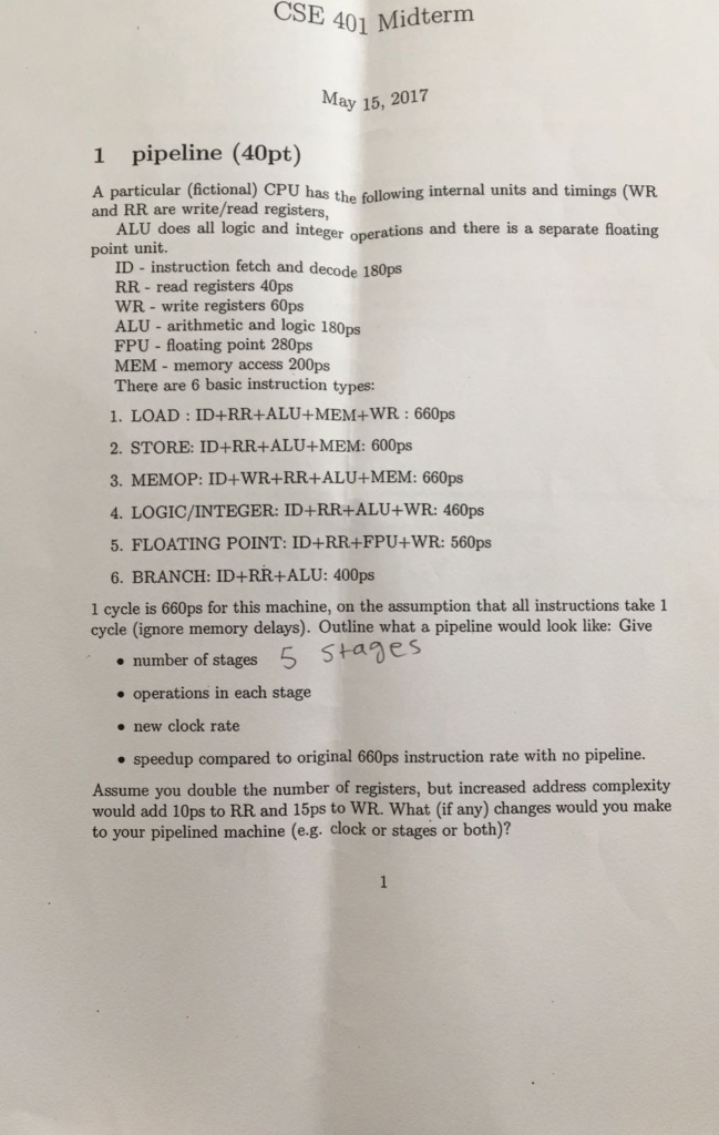 CSE 401 Midterm May 15, 2017 pipeline (40pt) 1 A | Chegg.com