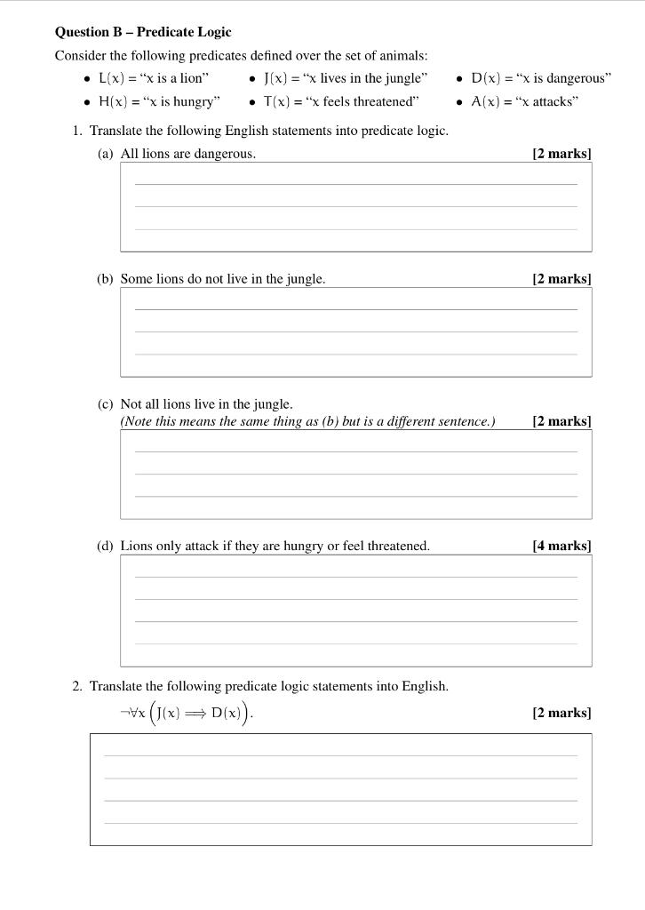 Solved Question B - Predicate Logic Consider the following | Chegg.com