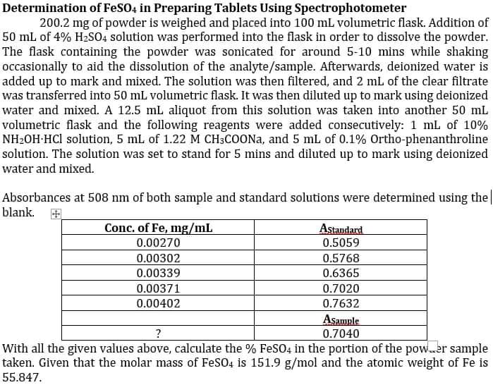 Solved Determination of FeSO4 in Preparing Tablets Using | Chegg.com