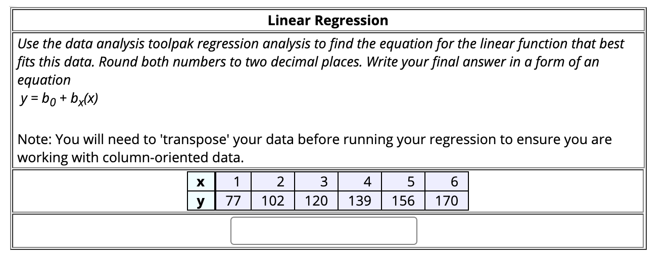 Solved Linear Regression Use the data analysis toolpak | Chegg.com Solved Linear Regression Use the data analysis toolpak | Chegg.com