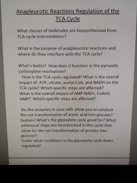 Solved Anapleurotic Reactions Regulation of the TCA Cycle | Chegg.com