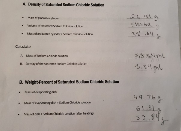 Solved A. Density of Saturated Sodium Chloride Solution Mass | Chegg.com