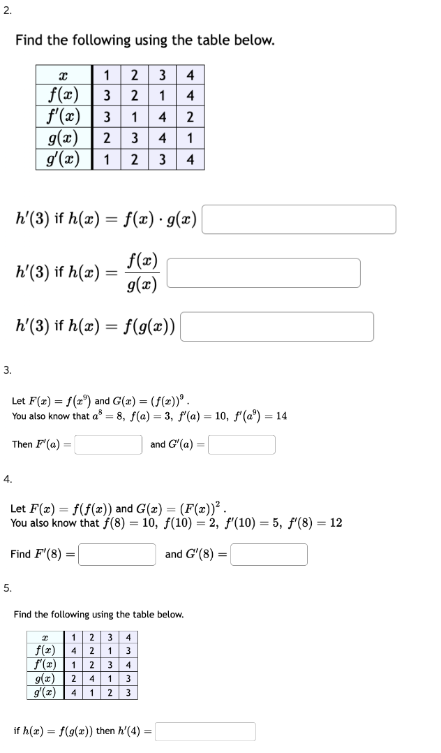 Solved Find the following using the table below. h′(3) if | Chegg.com