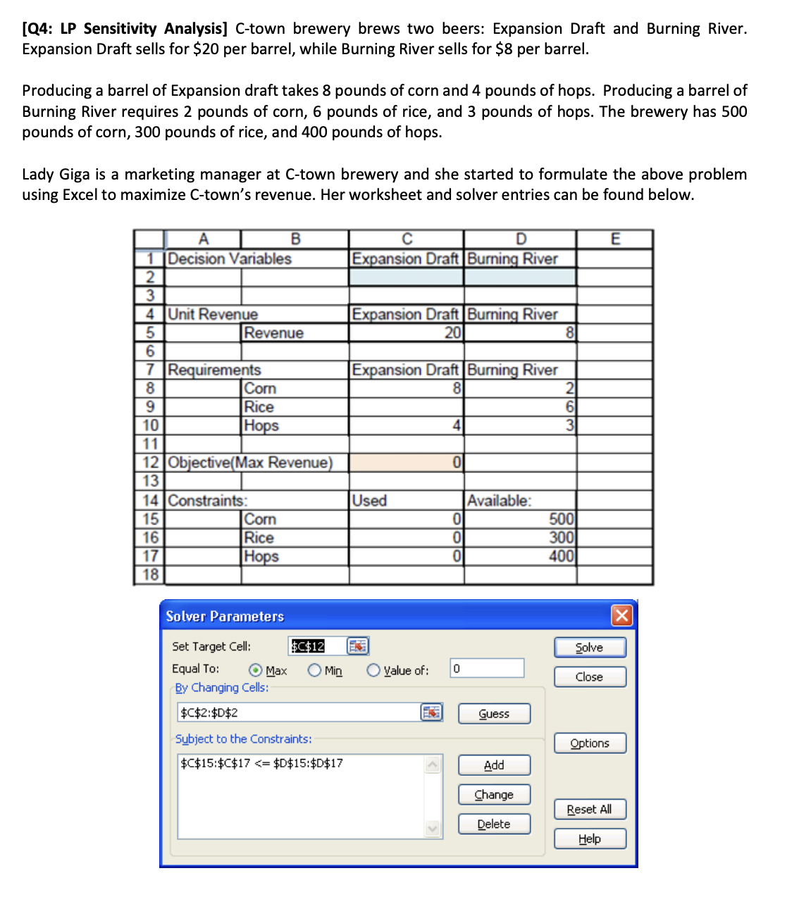 [Q4: LP Sensitivity Analysis] C-town brewery brews | Chegg.com