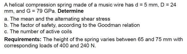 Solved A helical compression spring made of a music wire has | Chegg.com