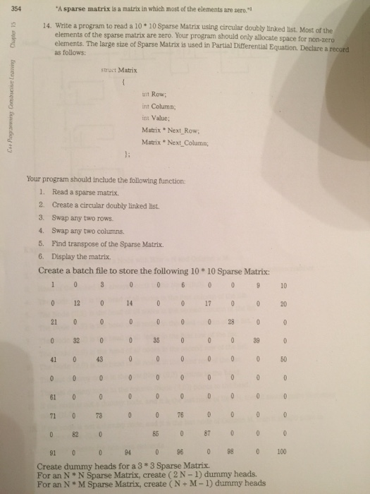 Solved 354 A sparse matrix is a matrix in which most of the | Chegg.com