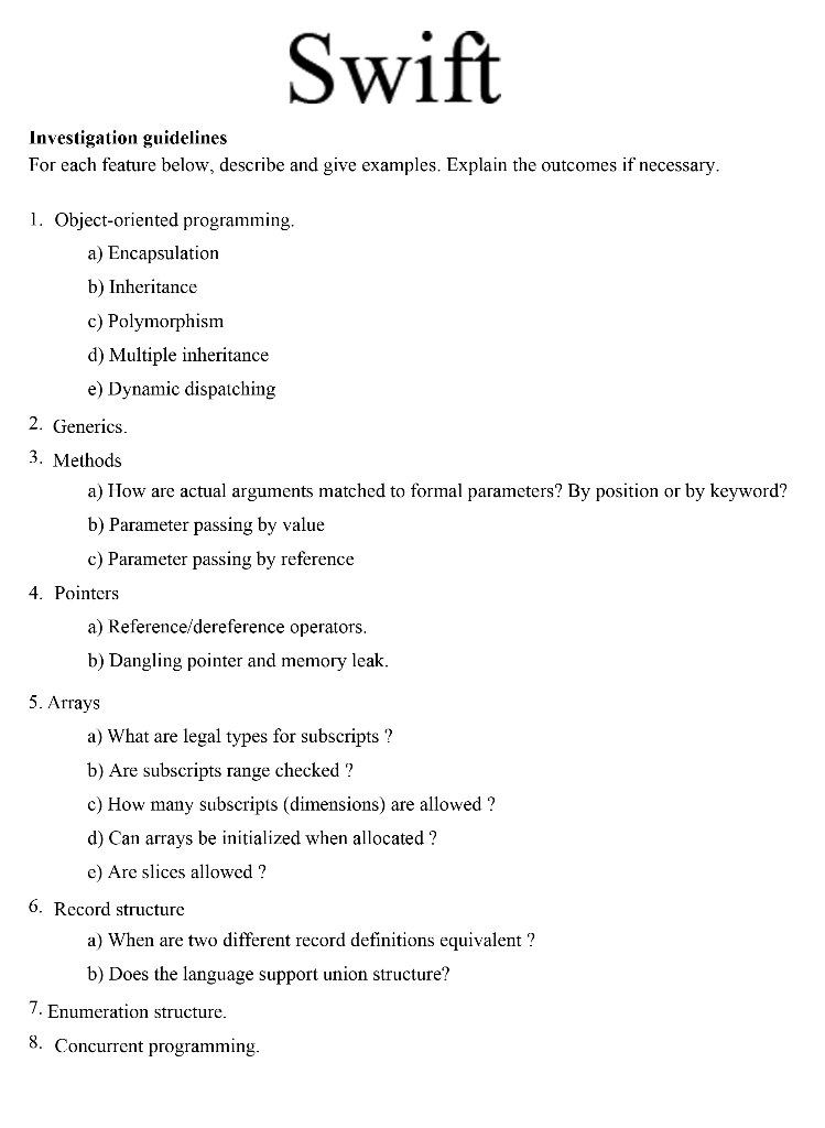 Swift Investigation guidelines For each feature | Chegg.com