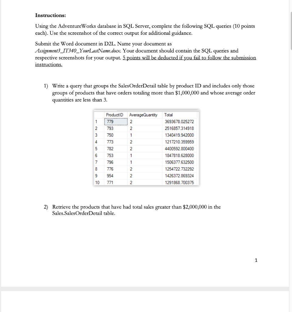 Instructions: Using the AdventureWorks database in | Chegg.com