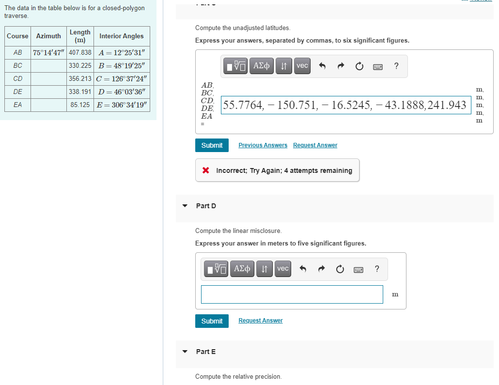Solved The data in the table below is for a closed-polygon | Chegg.com