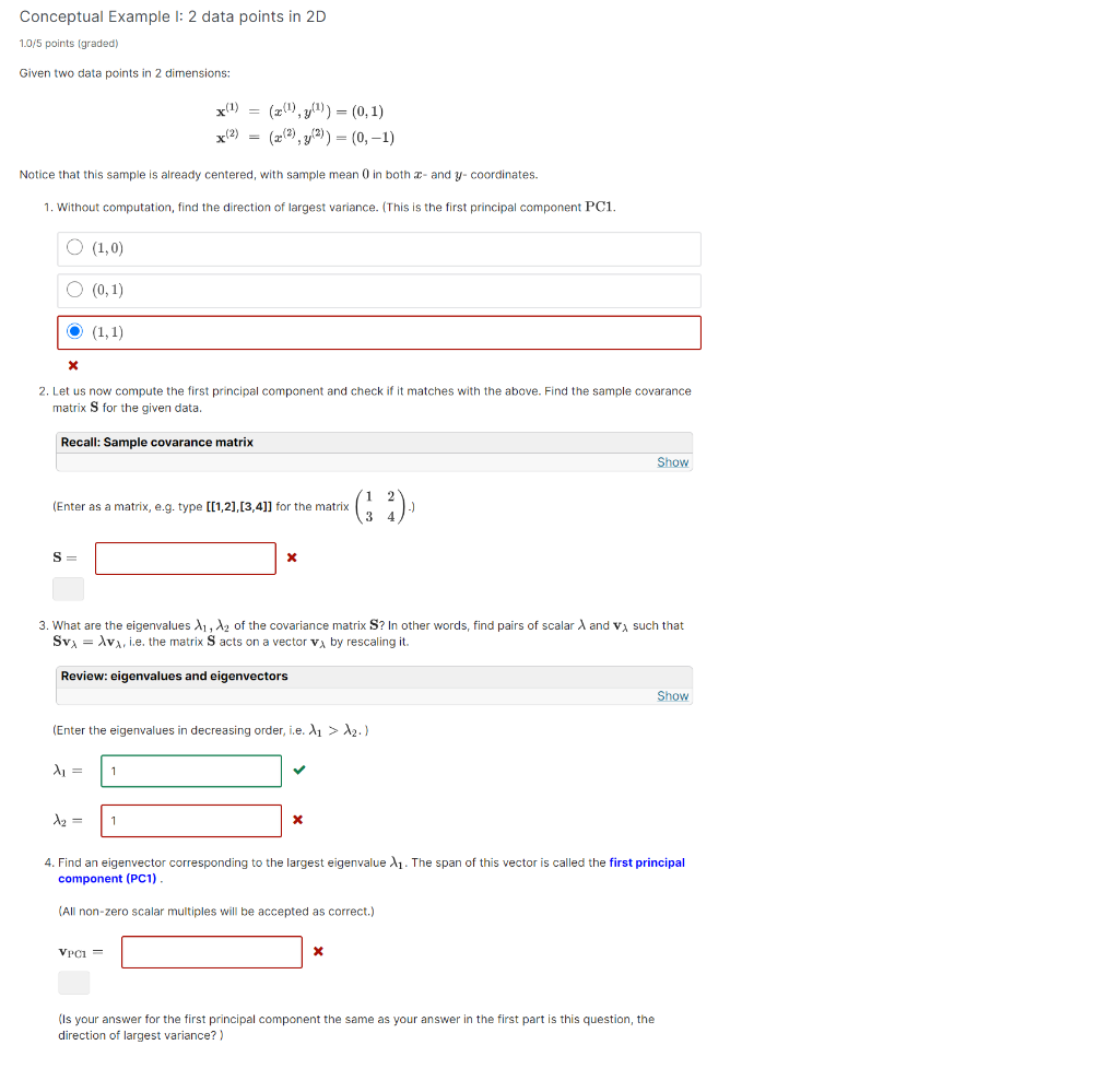 Conceptual Example 1: 2 data points in 2D 1.0/5 | Chegg.com