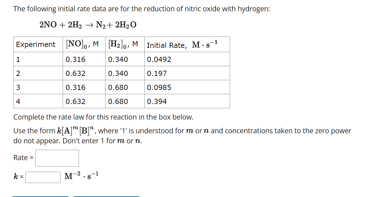 Solved The following initial rate data are for the reduction | Chegg.com