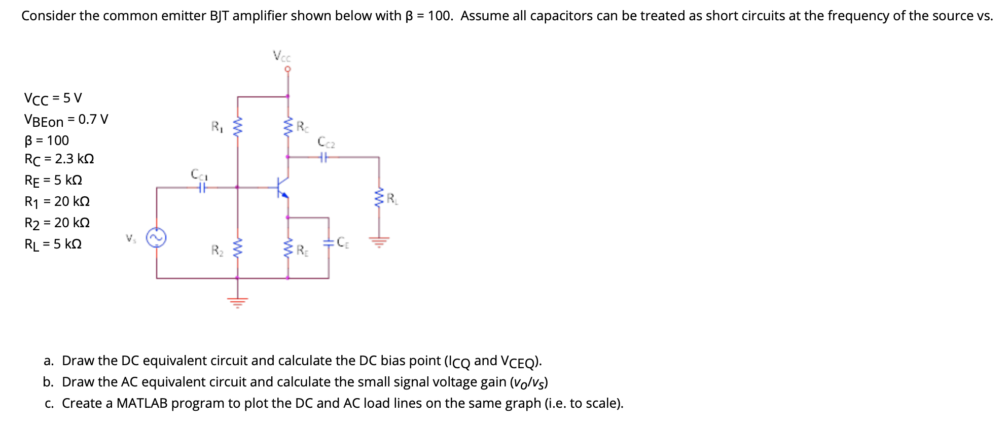 Solved Consider the common emitter BJT amplifier shown below | Chegg.com