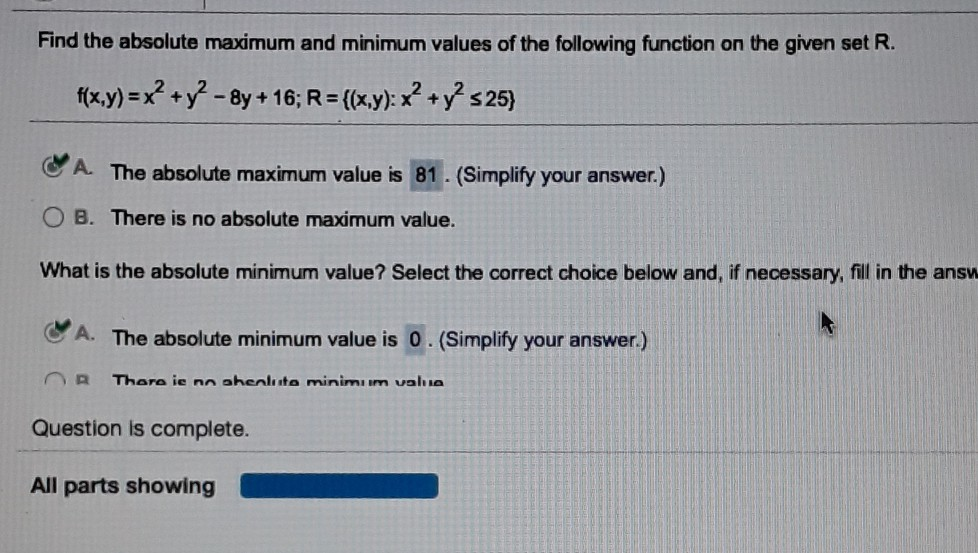 Solved Find the absolute maximum and minimum values of the | Chegg.com