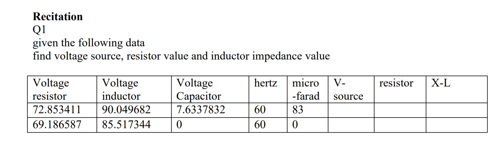 Solved Recitation 01 given the following data find voltage | Chegg.com