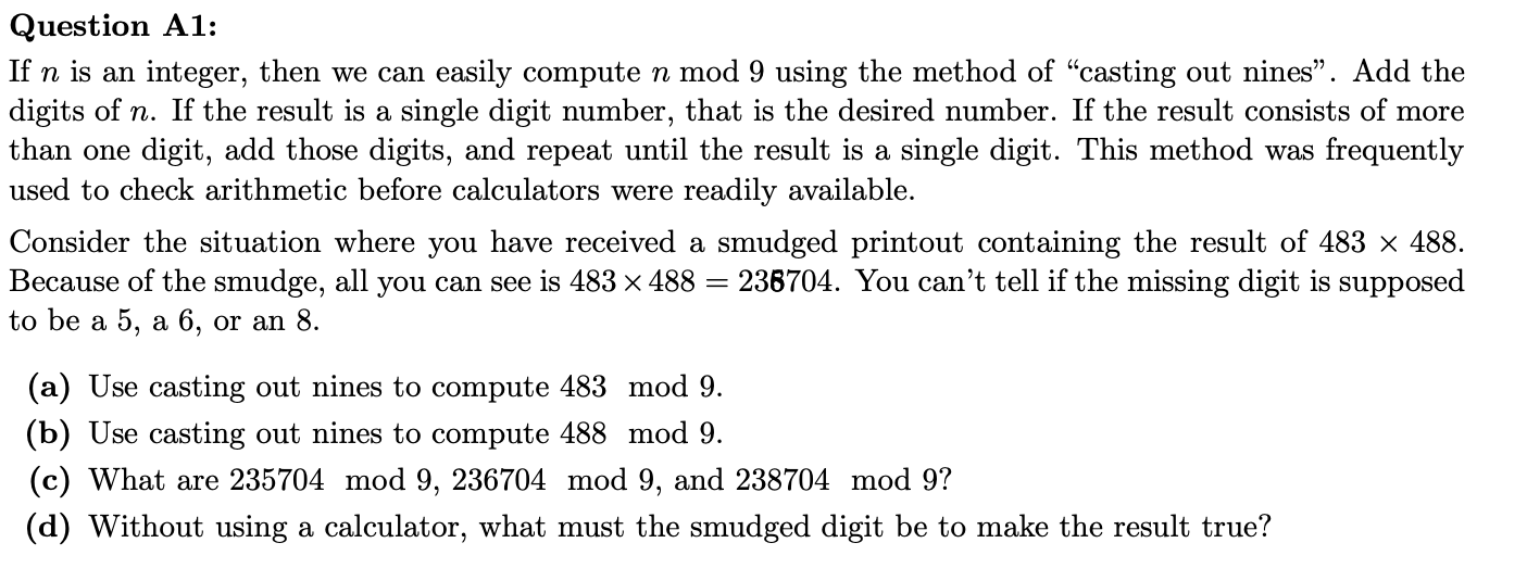Question A1: If n is an integer, then we can easily | Chegg.com