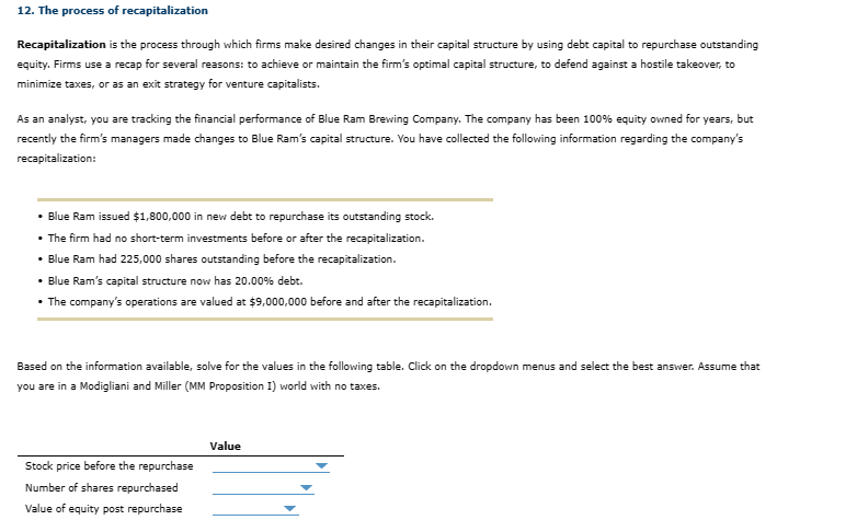 Solved 12. The process of recapitalization Recapitalization | Chegg.com