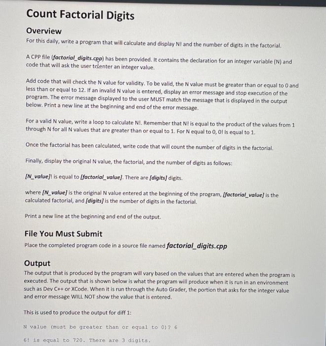 Solved Overview For this daily, write a program that will | Chegg.com