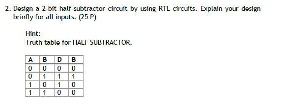 Solved 2. Design a 2-bit half-subtractor circuit by using | Chegg.com