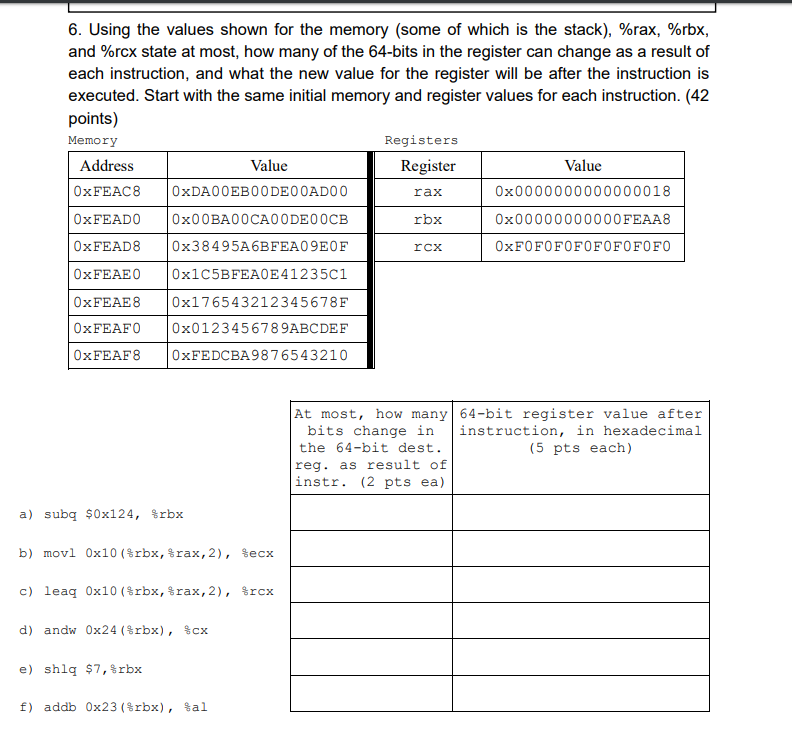 6. Using the values shown for the memory (some of | Chegg.com