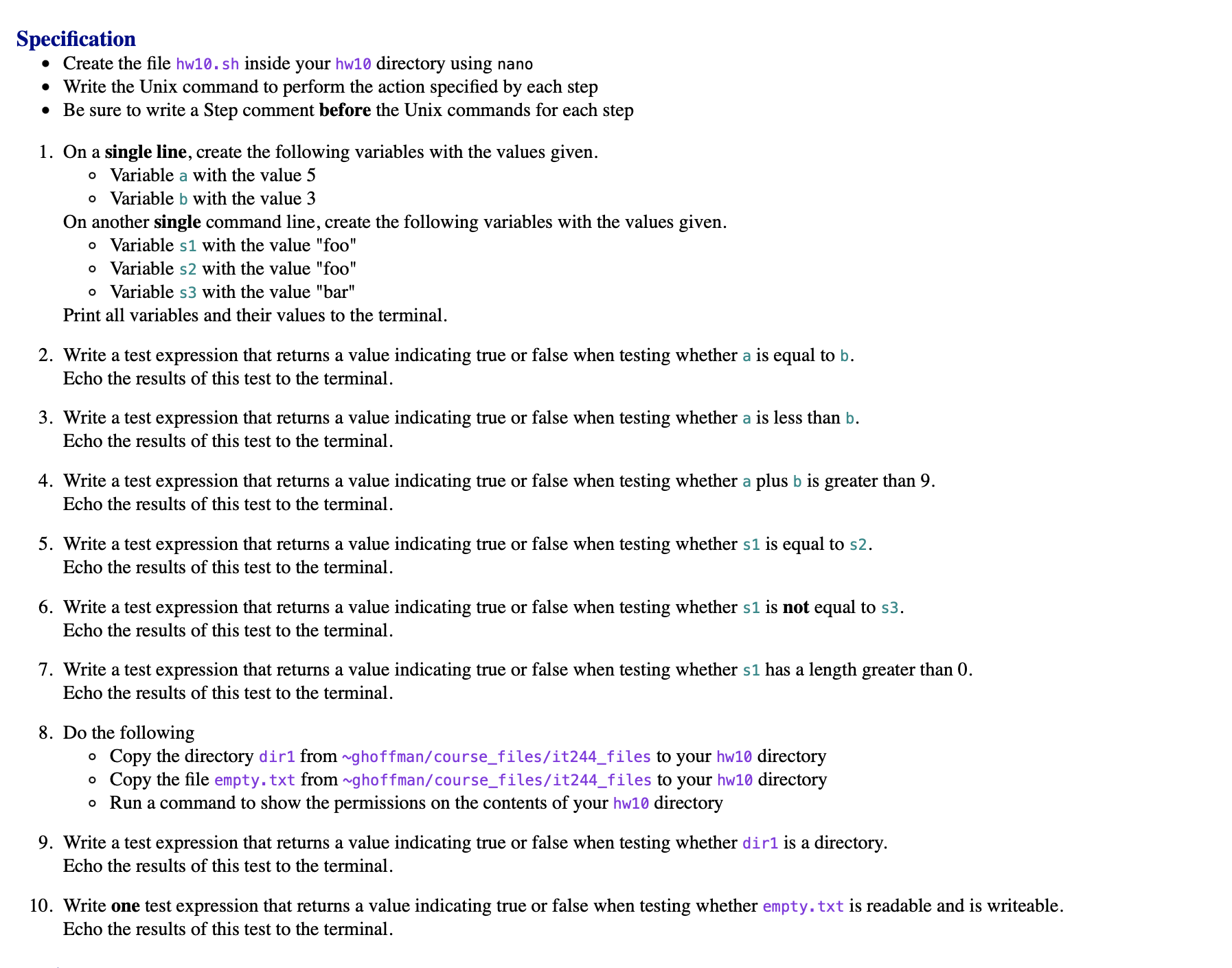 Solved Specification - Create the file hw10. sh inside your | Chegg.com